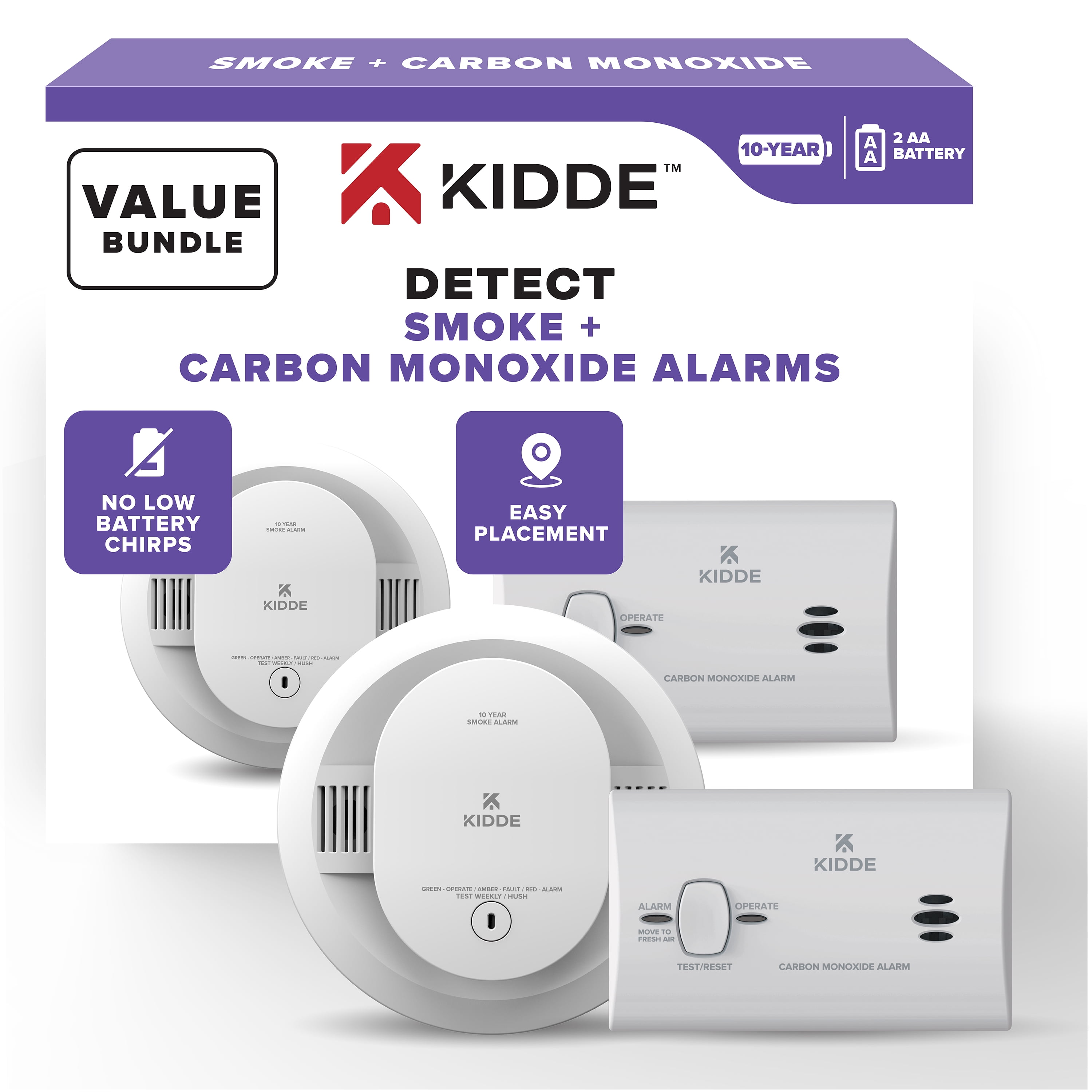 Free Shipping! Kidde 10-Year Battery Smoke Detector and AA Battery Carbon Monoxide Detector Pack ...