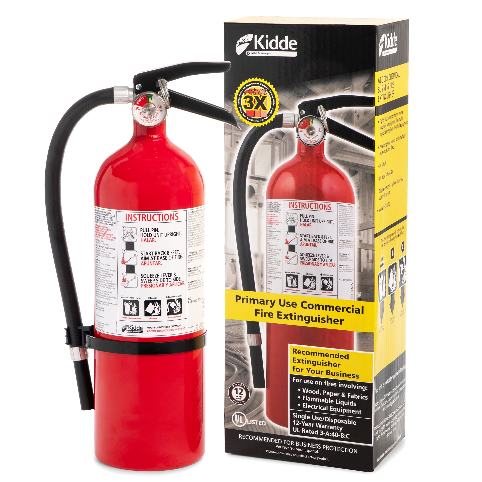 Kidde Fire Extinguisher, UL Rated 3-A:40-BC, Dry Chemical ABC - Walmart.com