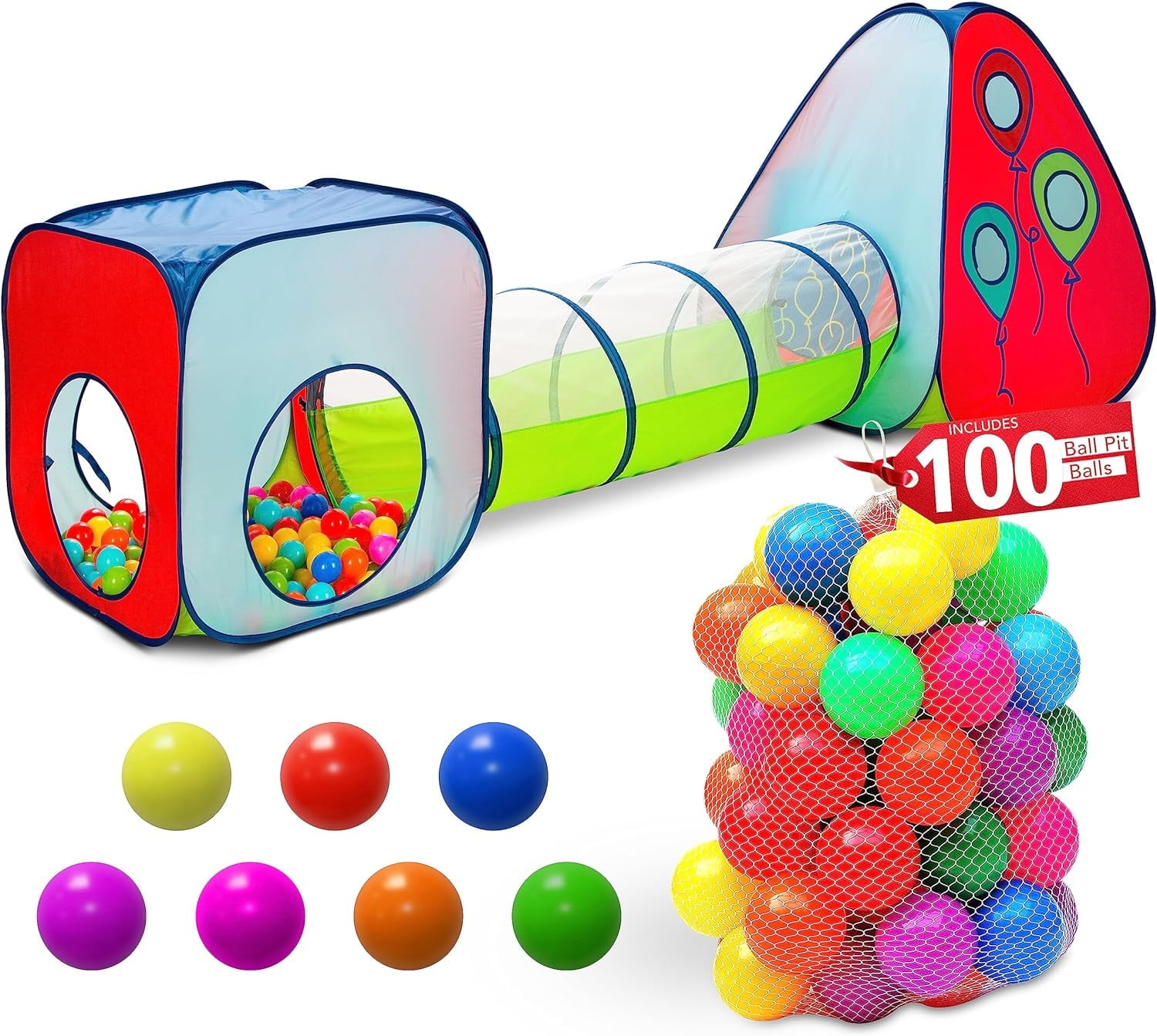Kiddey 3-in-1 Tunnel and Ball Pit Play Tent Set with 100 Colorful Balls ...