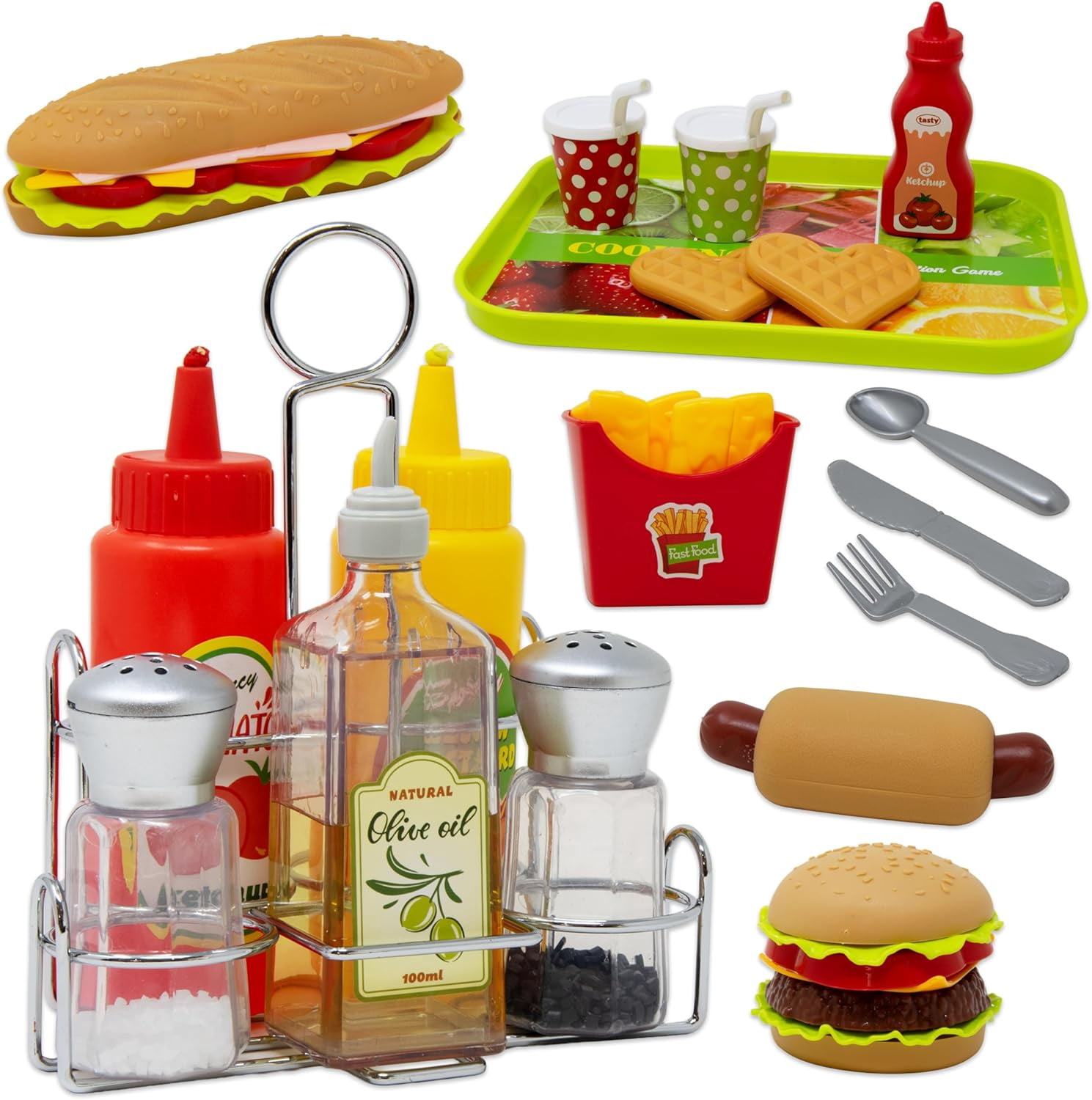 Kiddie Play Food Sets for Kids Kitchen – Fast Food & Condiment Set with ...