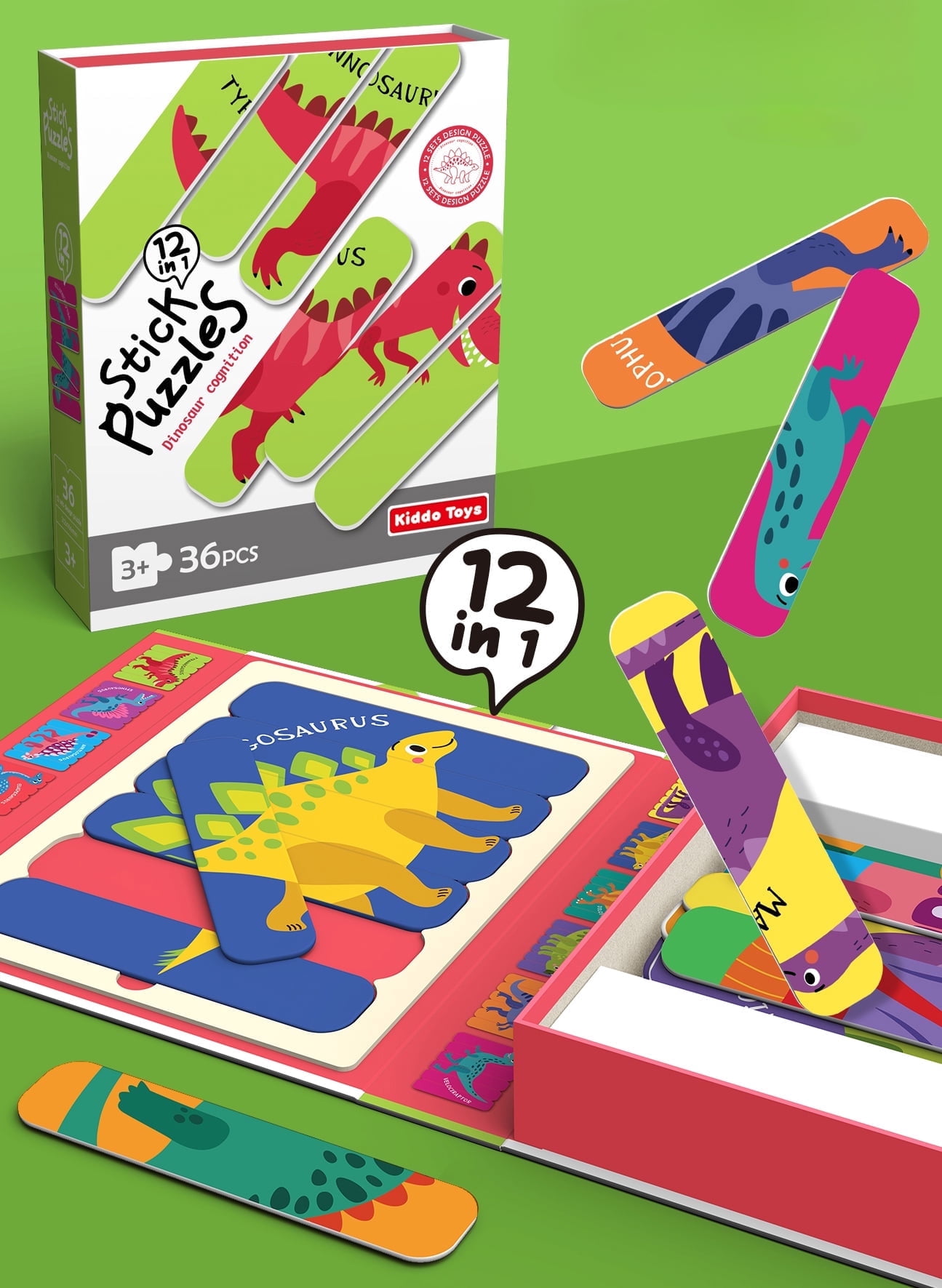 Dinosaur Pals 12-in-1 Stick Puzzles 36 Double-Sided Sticks Create 12 ...