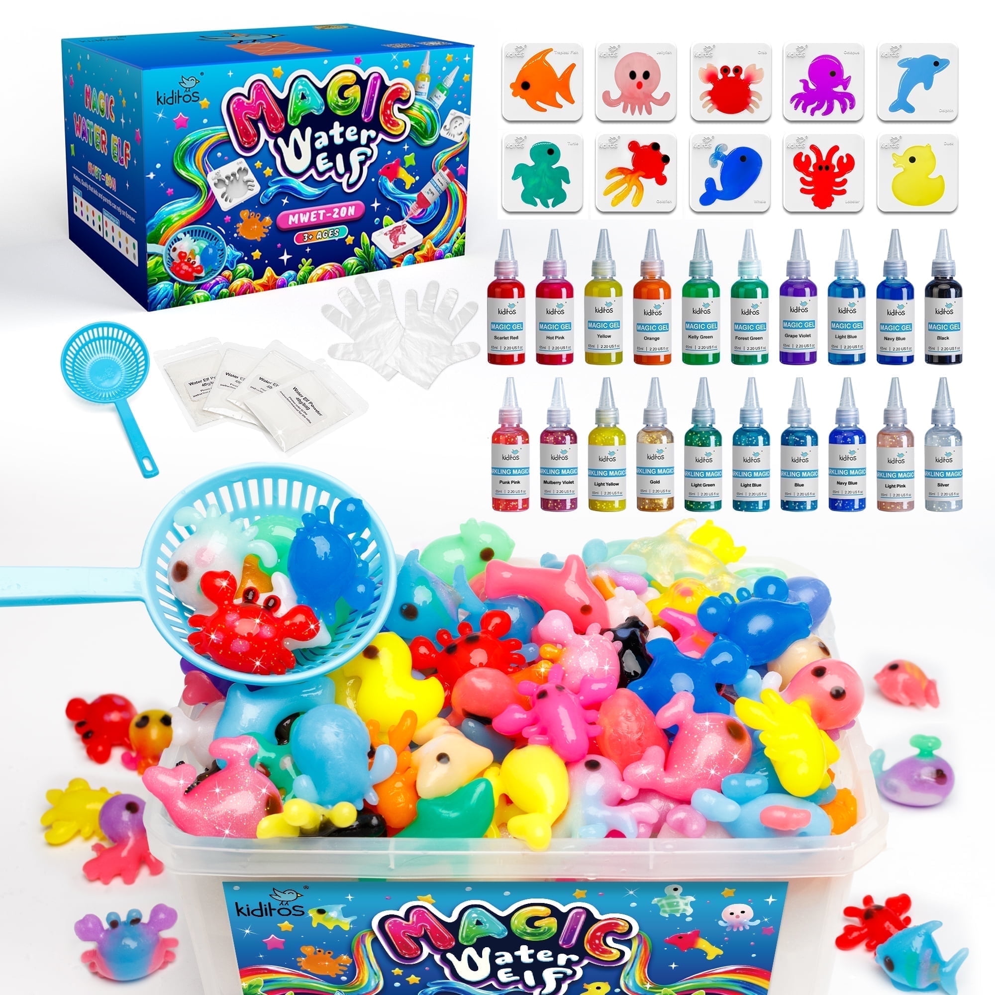 Kiditos Magic Water Elf Toy Kit, 20 Magic Gels, 10 Sea Life Molds, DIY ...