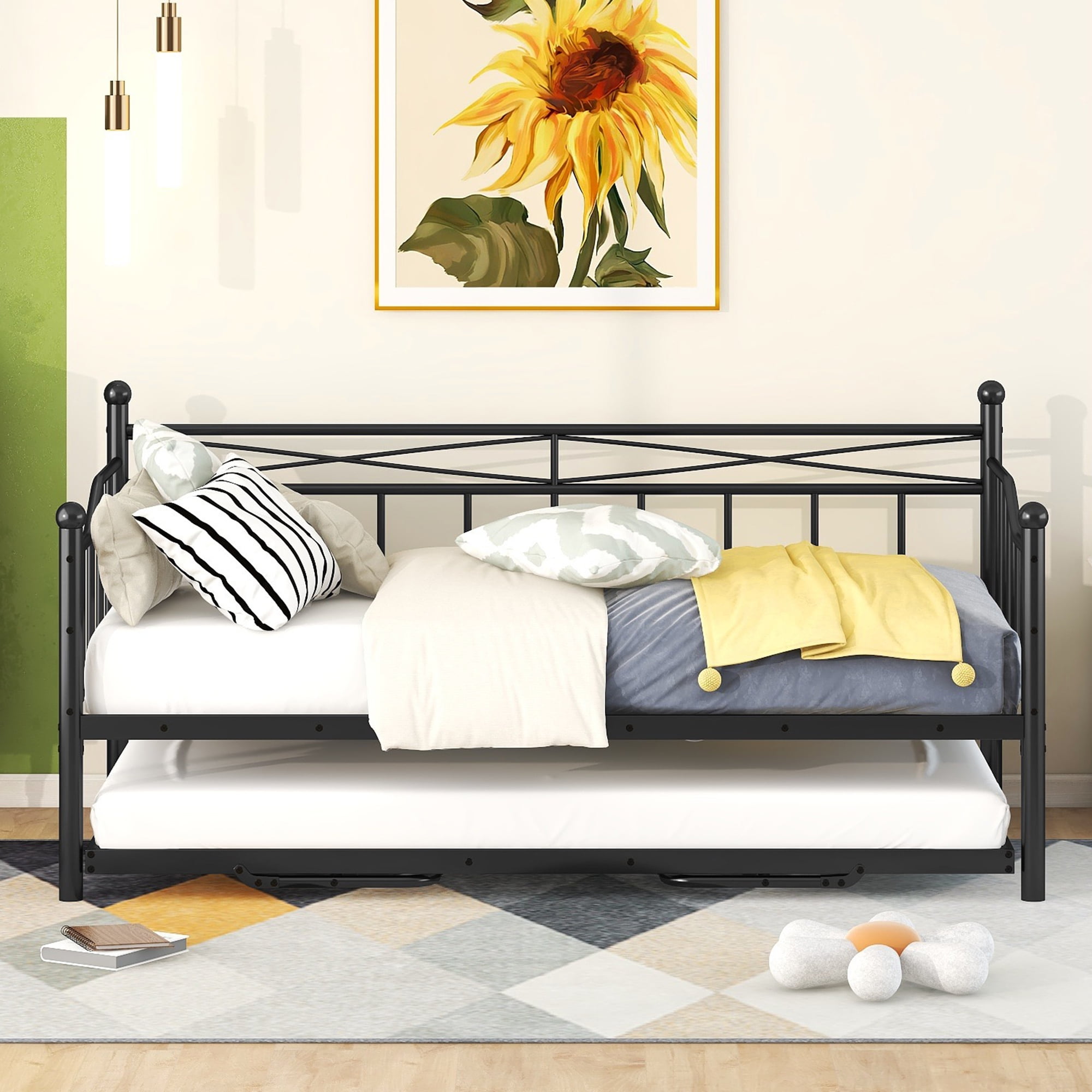 Kidkapers Black Steel Twin Daybed with Portable Folding Pop-Up Trundle ...