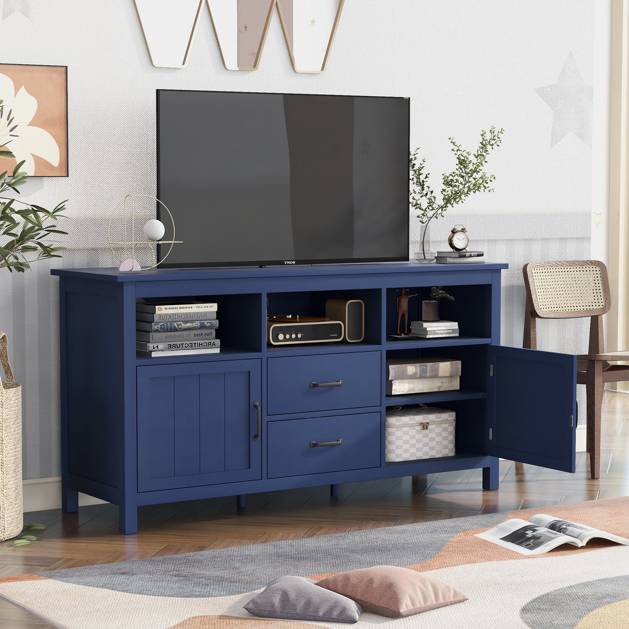 Kidkapers Contemporary TV Hub: 57" TV Stand with 2 Doors, 2 Drawers ...