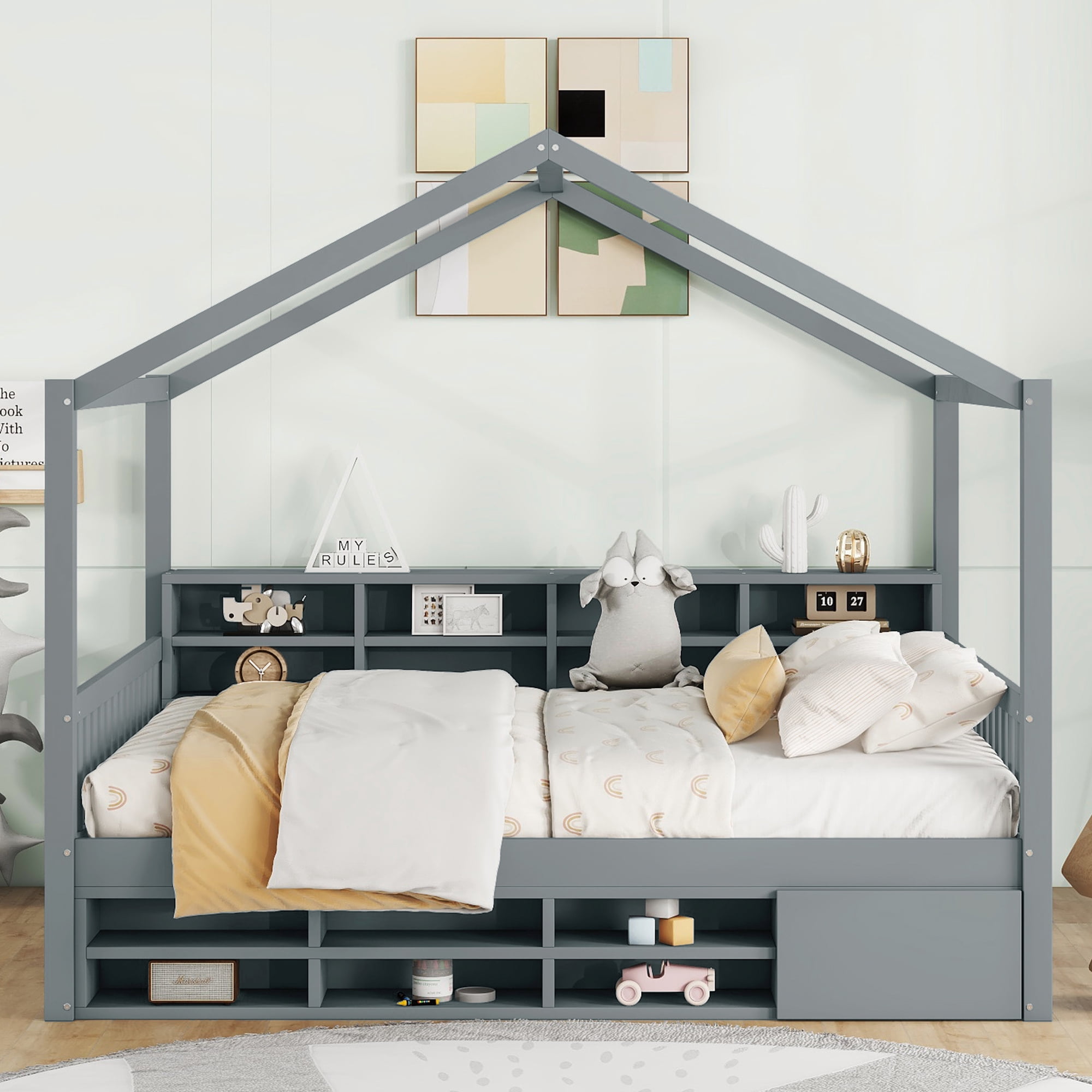 Kidkapers Montessori Full House Floor Bed with Storage Shelves, Mini ...