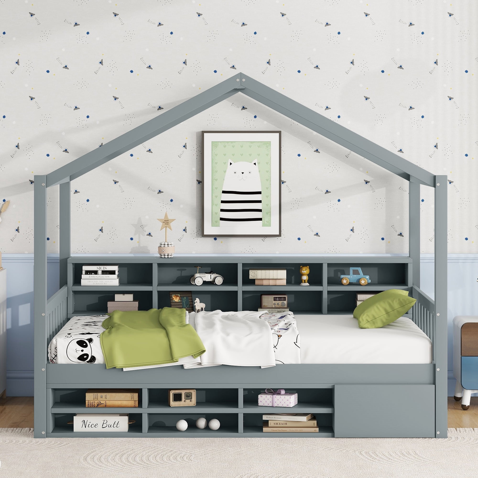 Kidkapers Montessori Twin House Bed with Storage Shelves, Mini-Cabinet ...