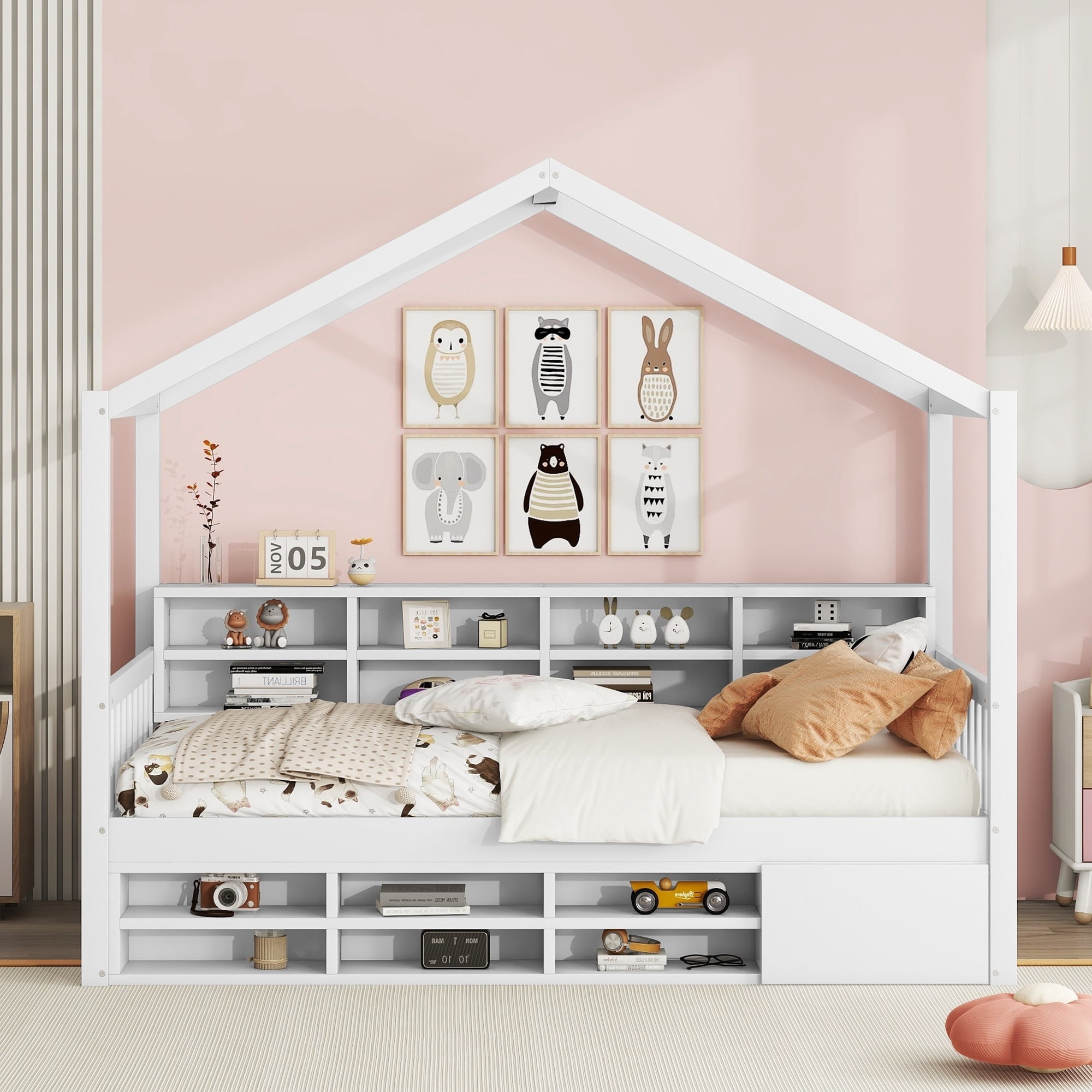 Kidkapers Montessori Twin House Bed with Storage Shelves, Mini-Cabinet ...