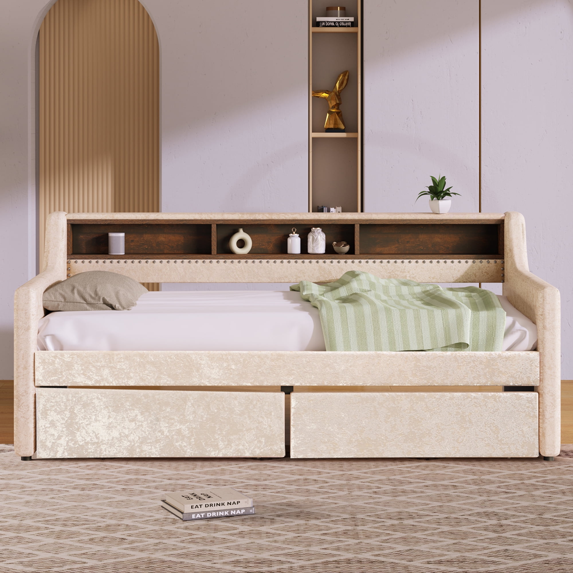 Kidkapers Twin Upholstered Daybed with Built-in Storage Shelves, 2 ...