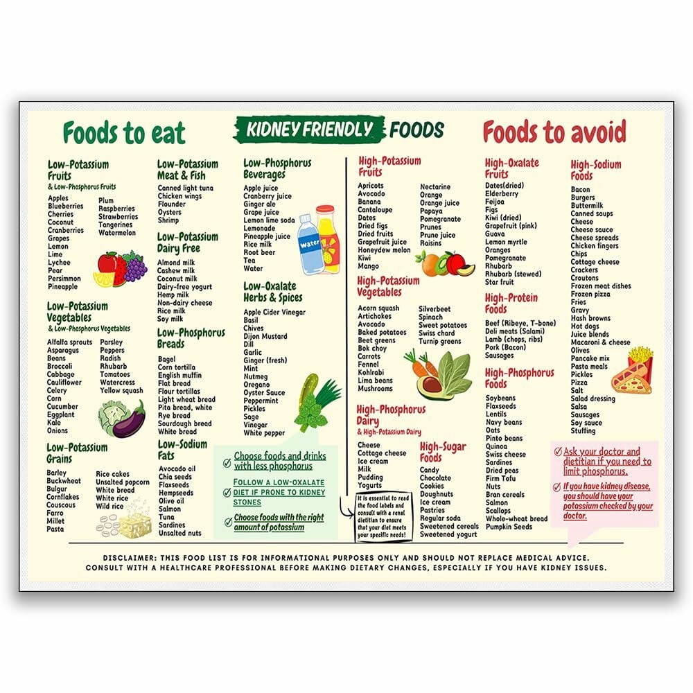 Kidney Friendly Food List Chart Canvas Poster, Awareness Diet Guide ...