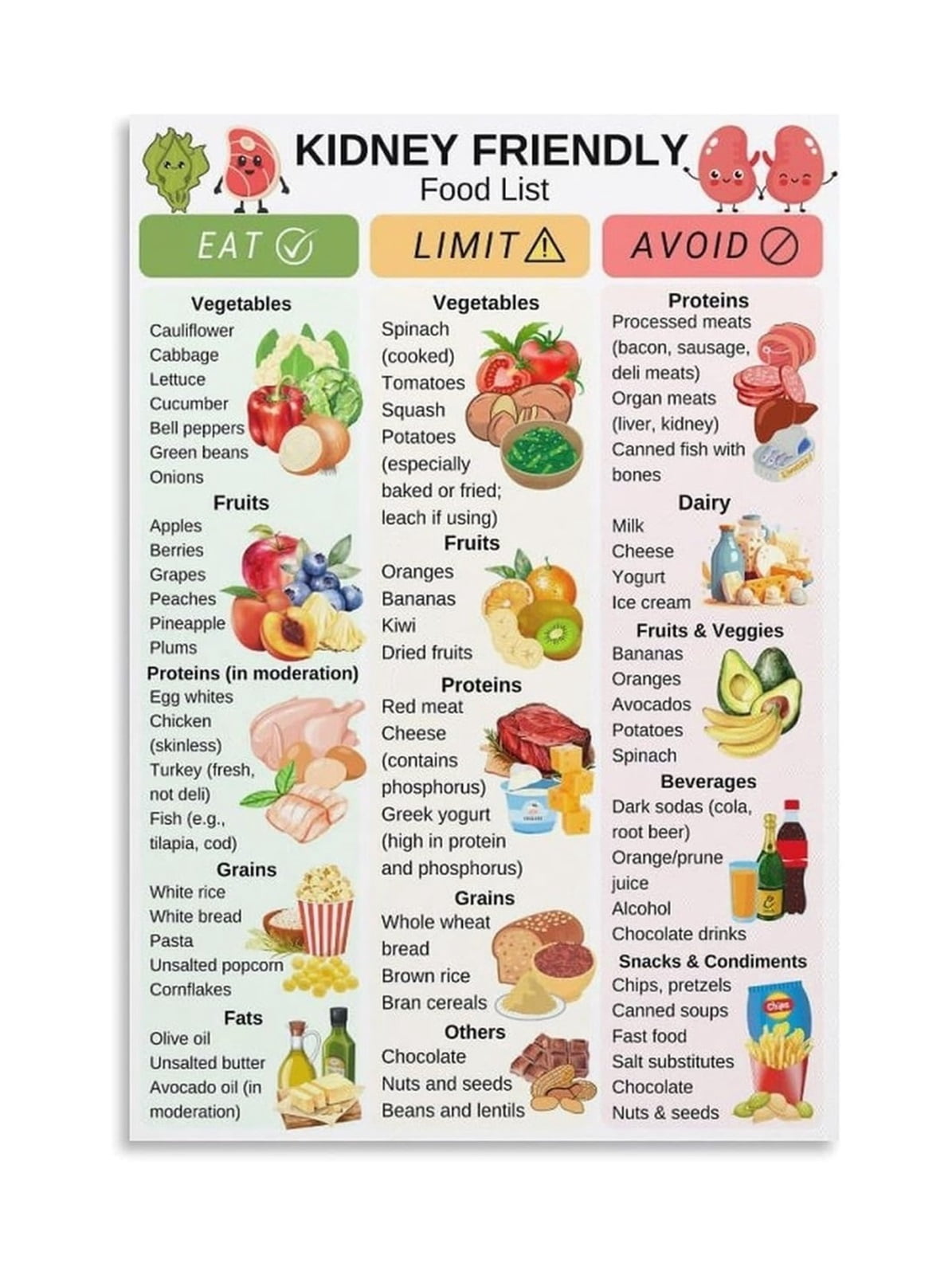 Kidney Health Reminder Poster Renal Friendly Food List Chart With Bell ...