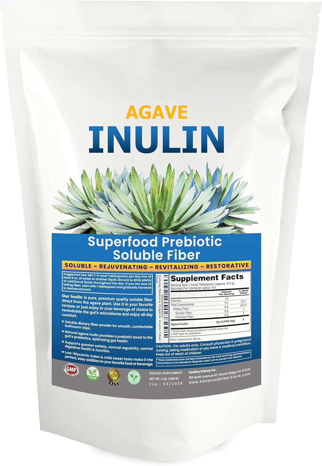 Agave Inulin Prebiotic Soluble Fiber Powder, Unflavored, 3 lb - Walmart.com
