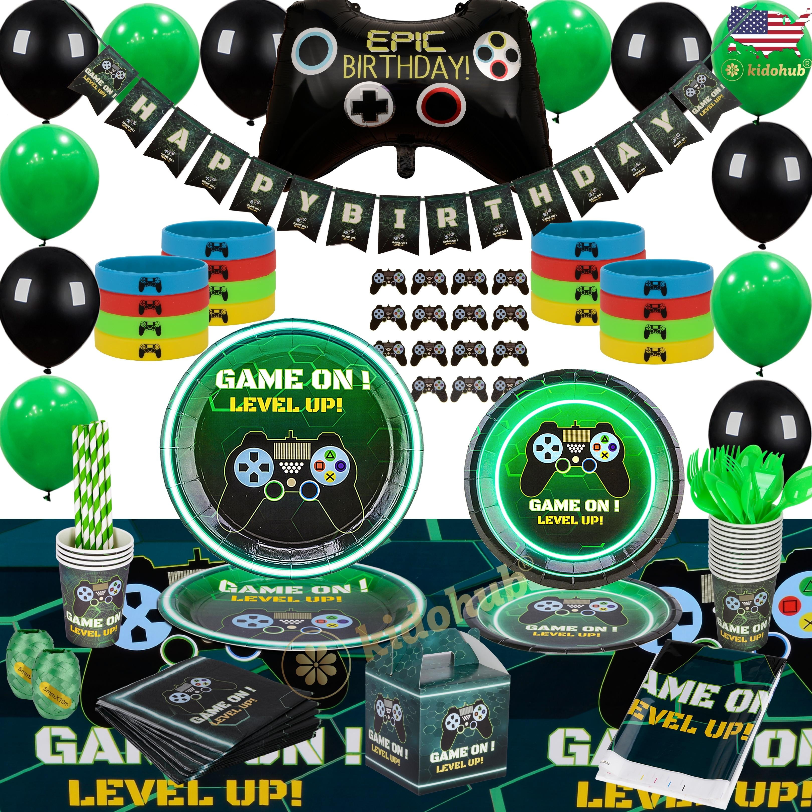 Kidohub Video Game Party Supplies: Gamer Decor, Banner, Balloons, Tableware, 185 Pcs Set ...