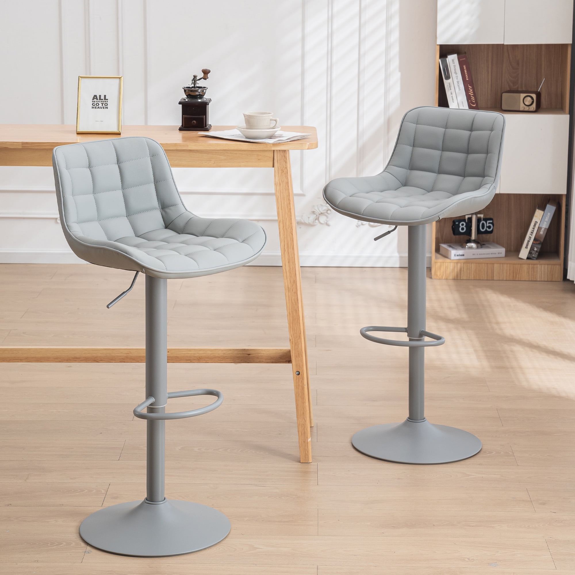 Kidol & Shellder Bar Stools Set of 2 Gray PU Leather Swivel Adjustable ...