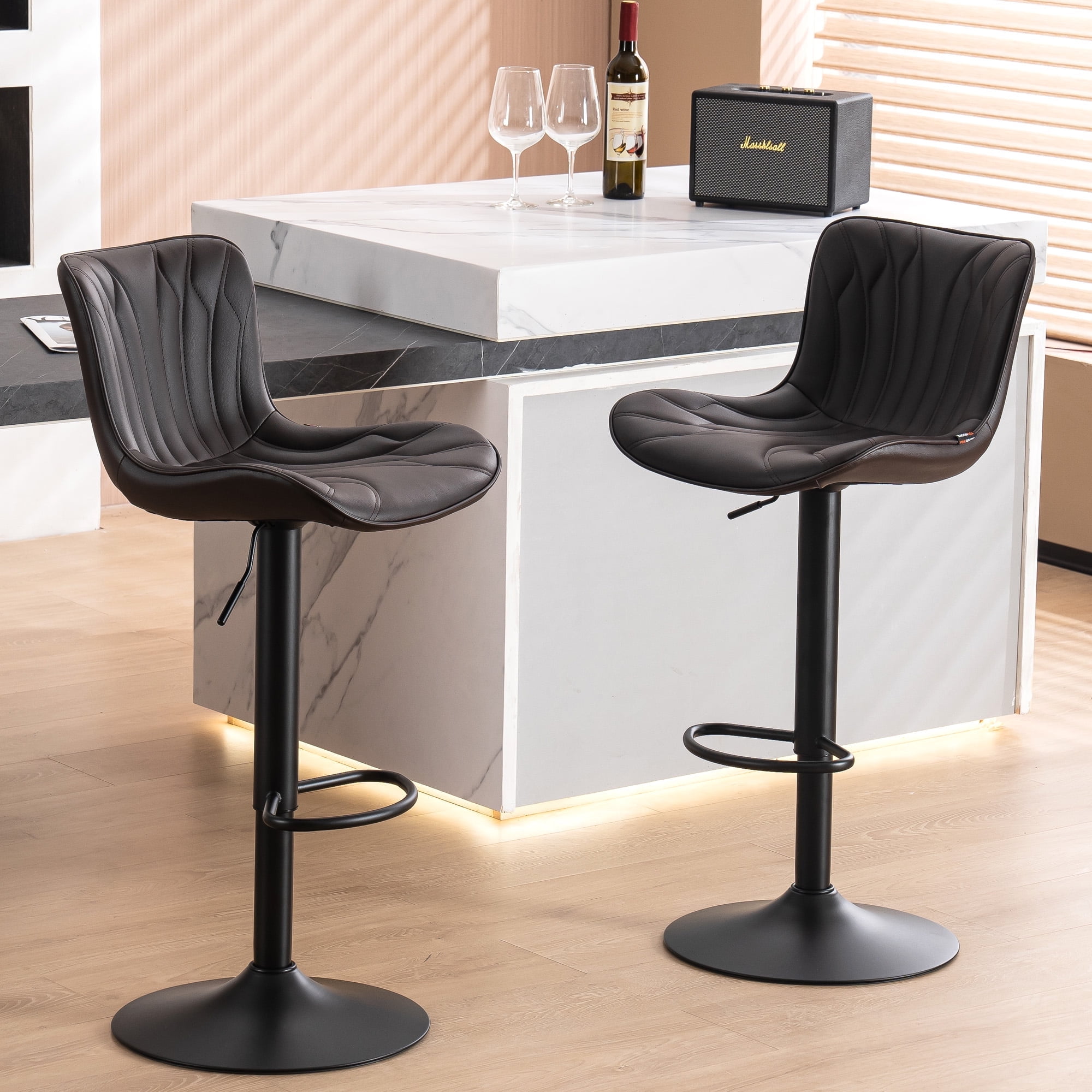 Kidol & Shellder Brown Leather Bar Stools Set of 2 Soft Swivel Counter ...