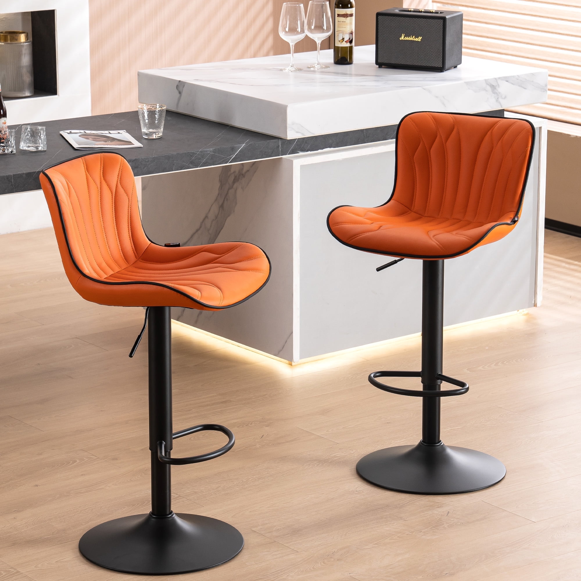 Kidol & Shellder Orange Leather Bar Stools Set of 2 Soft Swivel Counter ...