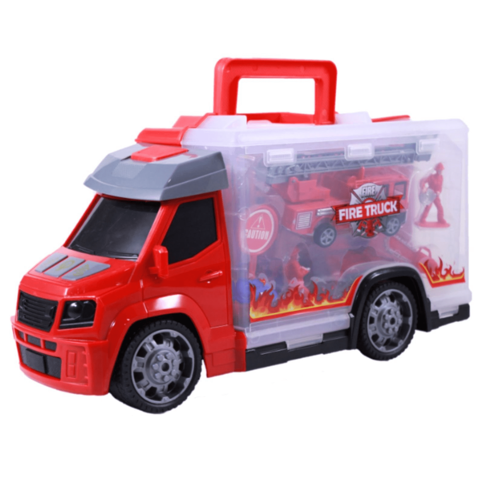 Kidplokio Red Fire Truck Toys Carrier with Action Figures Lights Sounds ...