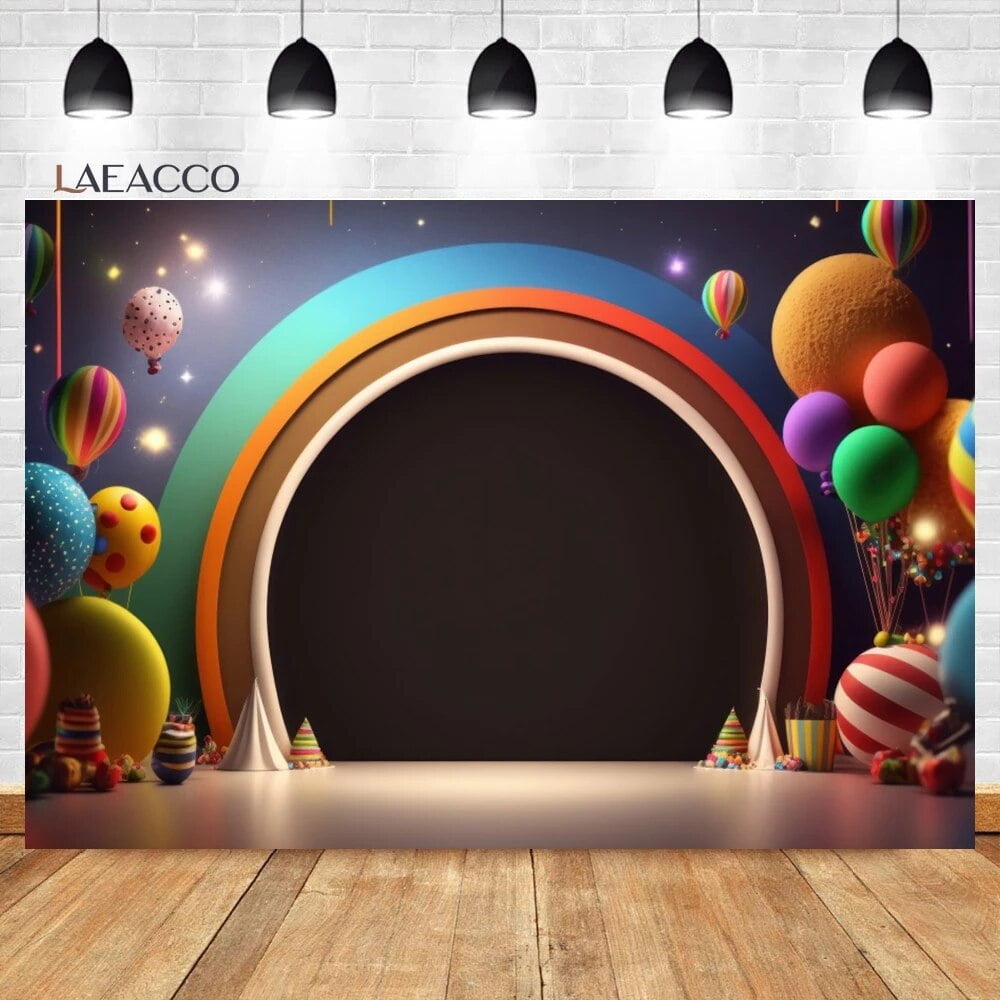 Kids 1st Birthday Backgrounds Colored Balloons Vintage Arch Flowers ...