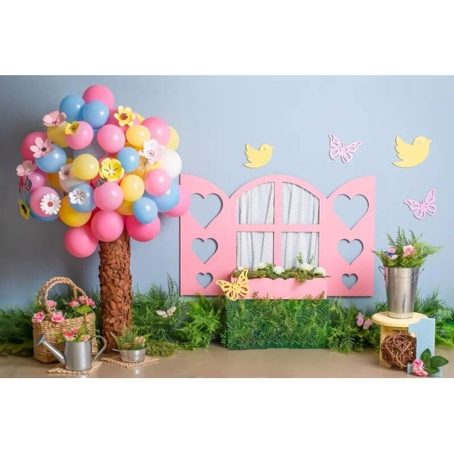 Kids 1st Birthday Party Backdrop Colorful Balloons Cute Bird Bear Plush ...