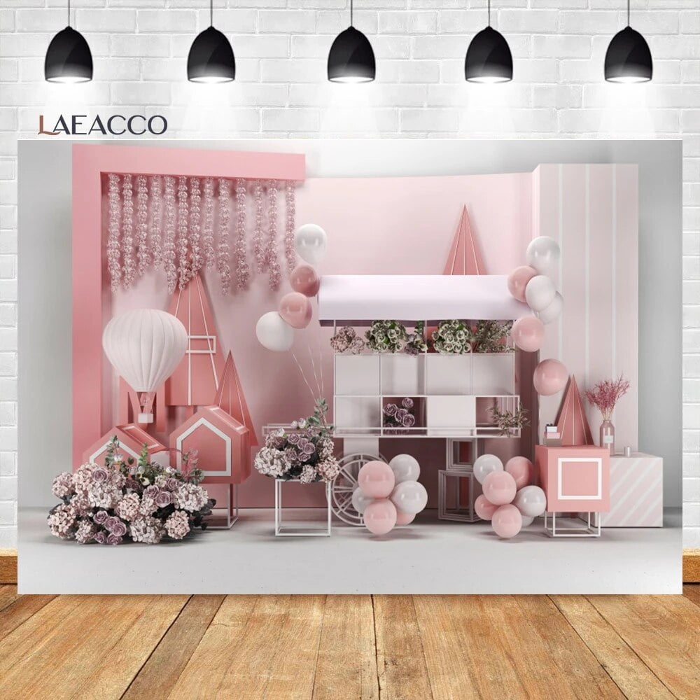 Kids 1st Birthday Party Backdrop Sweet Pink Balloons Flowers Scene Baby ...
