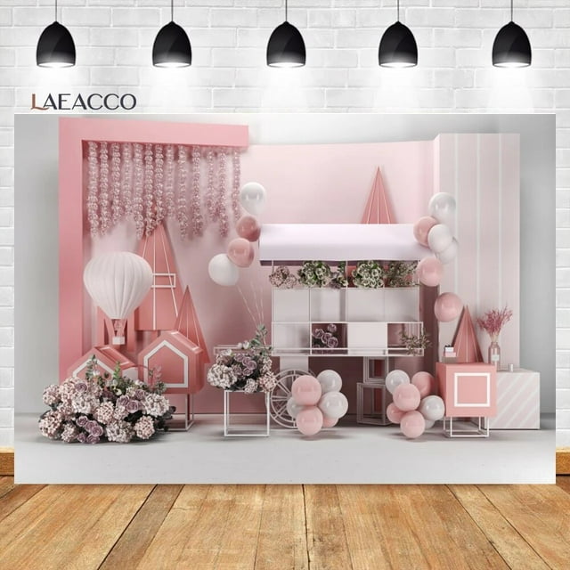 Kids 1st Birthday Party Backdrop Sweet Pink Balloons Flowers Scene Baby ...