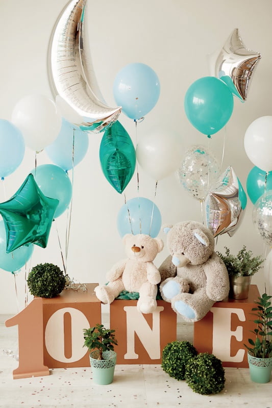 Kids 1st Birthday Party Photo Background Green Balloons Teddy Bear ...