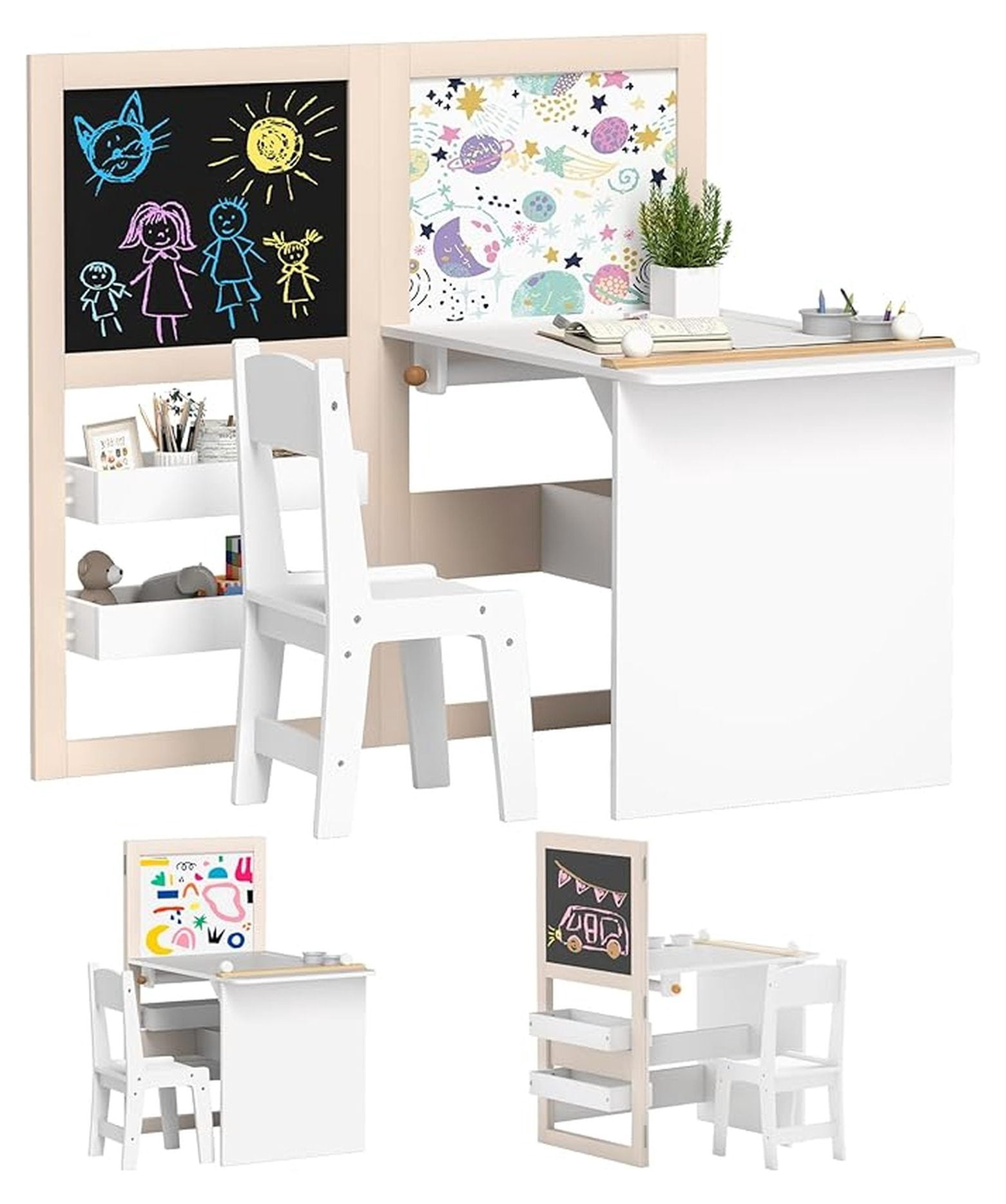 Kids 3 in 1 Art Table and Chair with Storage Shelves, Foldable ...
