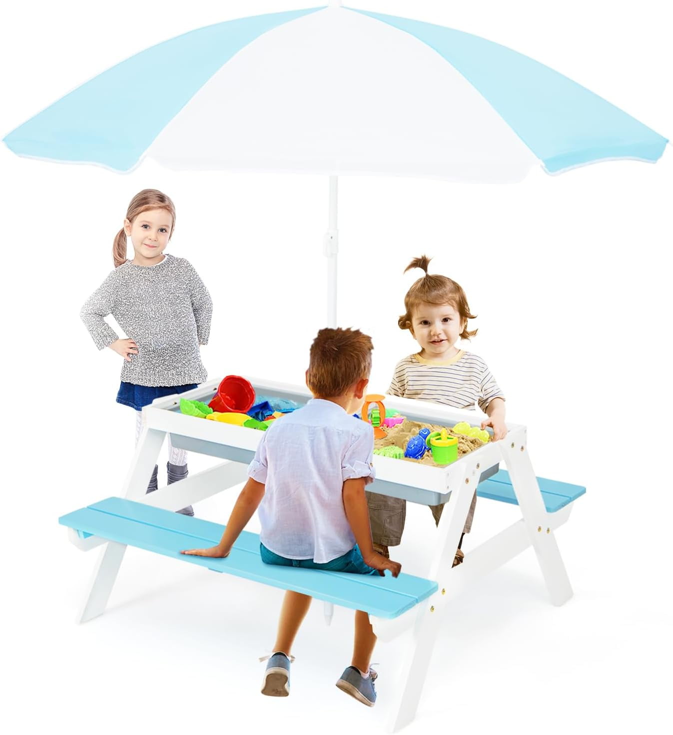 Kids 4-in-1 Convertible Sand & Water Table with Umbrella, Outdoor Picnic Table and Benches Set ...