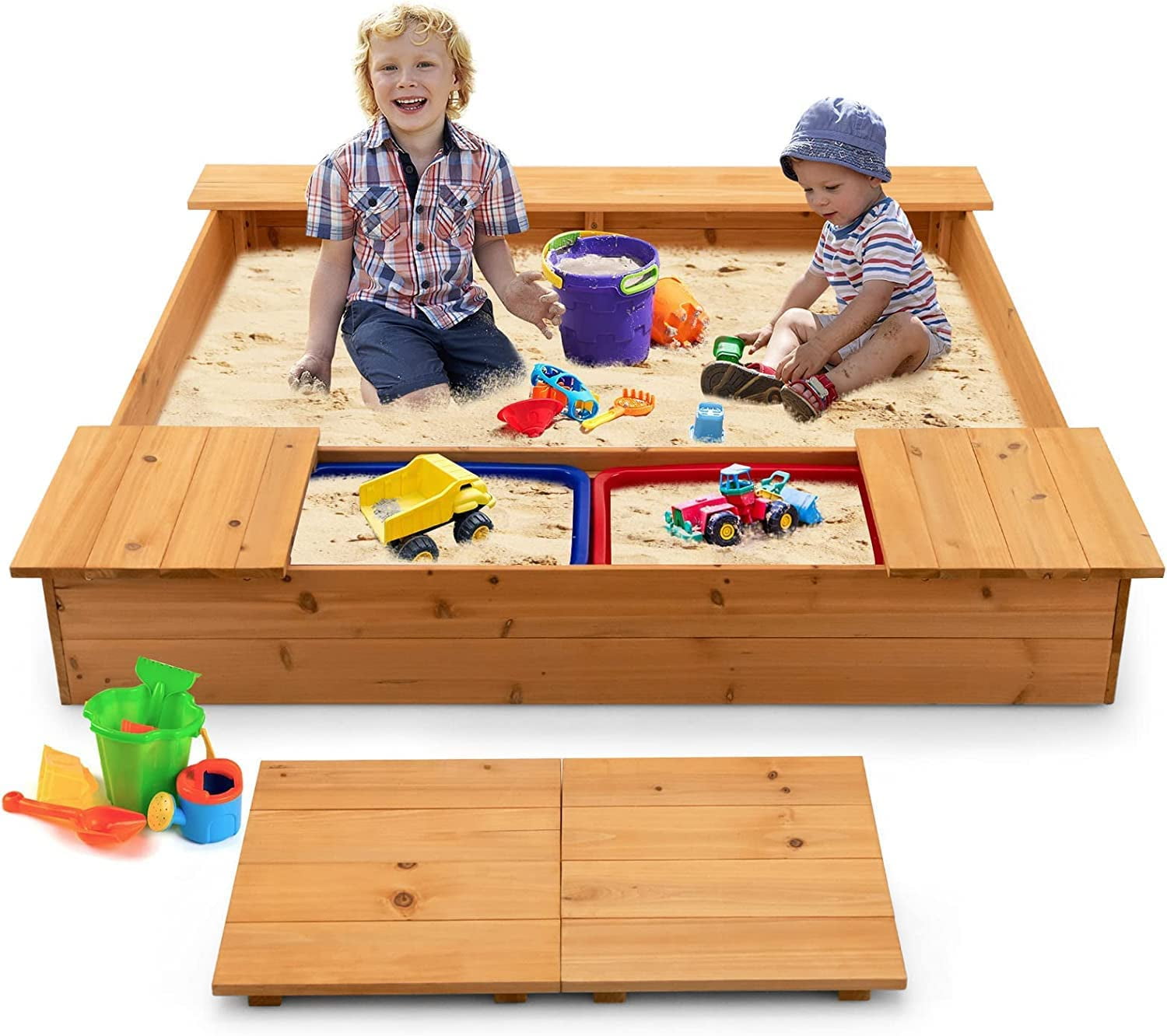 Kids - 49”x47” Cedar Wooden Sandpit for Toddlers with 2 Removable ...