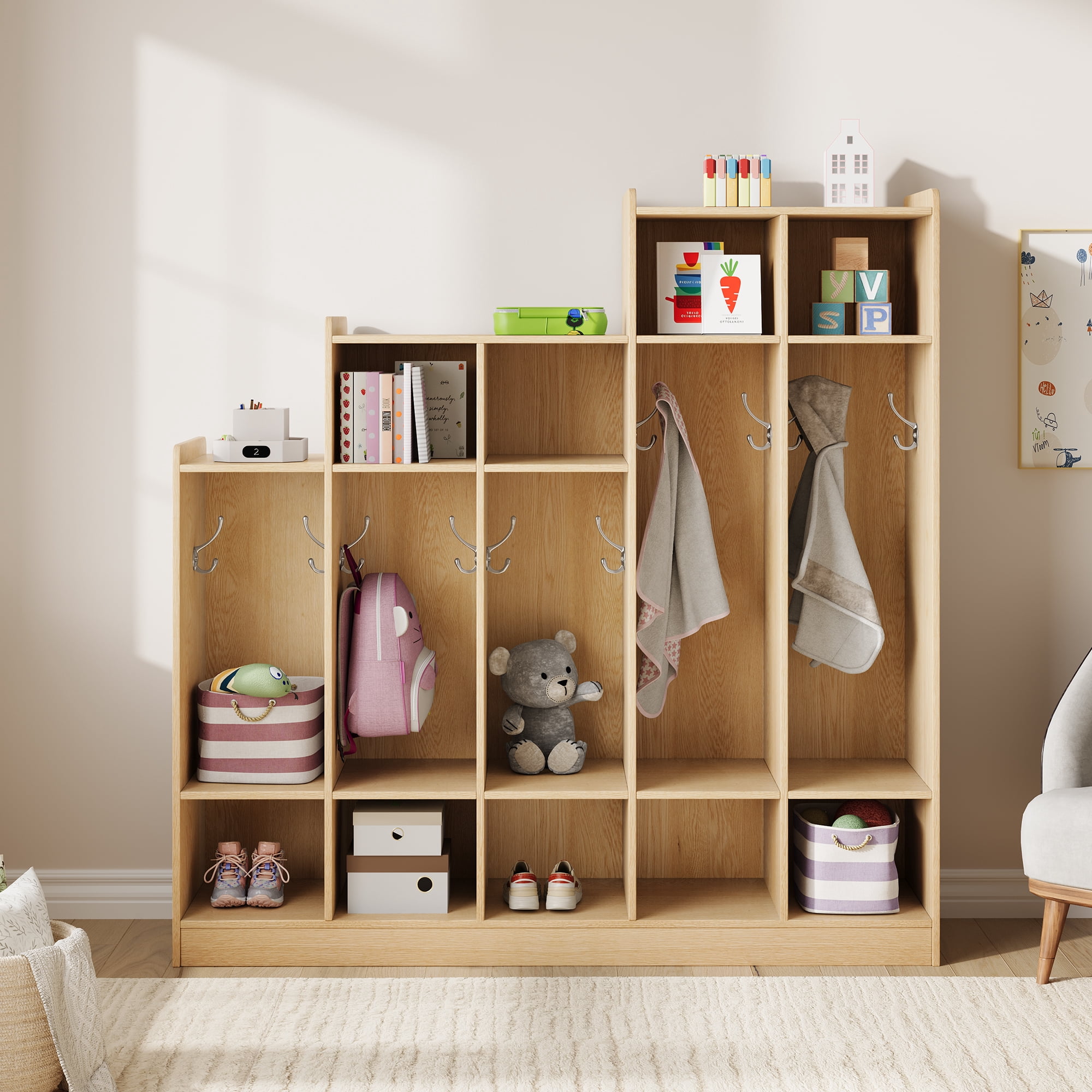Kids' 5-Section Floor Storage Organizer with 9 Cubbies & 10 Hooks ...
