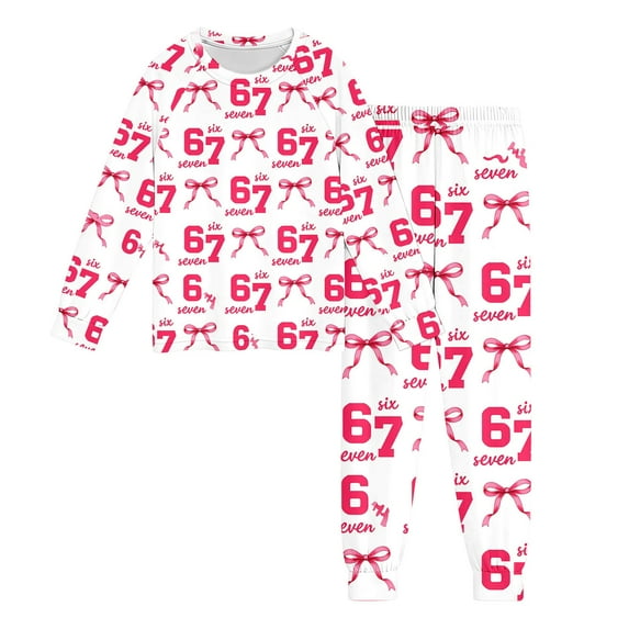 Kids 6 7 Meme Funny Pajama Sets Bow Print Design Long Sleeve Top and ...