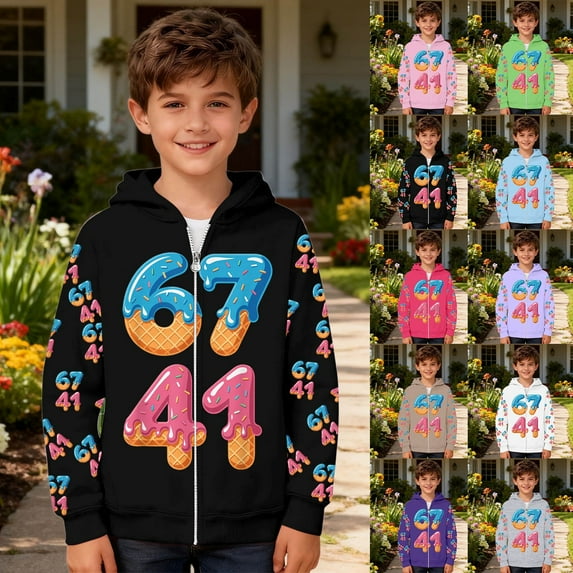 Kids 67 And 41 Zip Up Hoodie Sweatshirt Funny Ice Cream Graphic Long ...