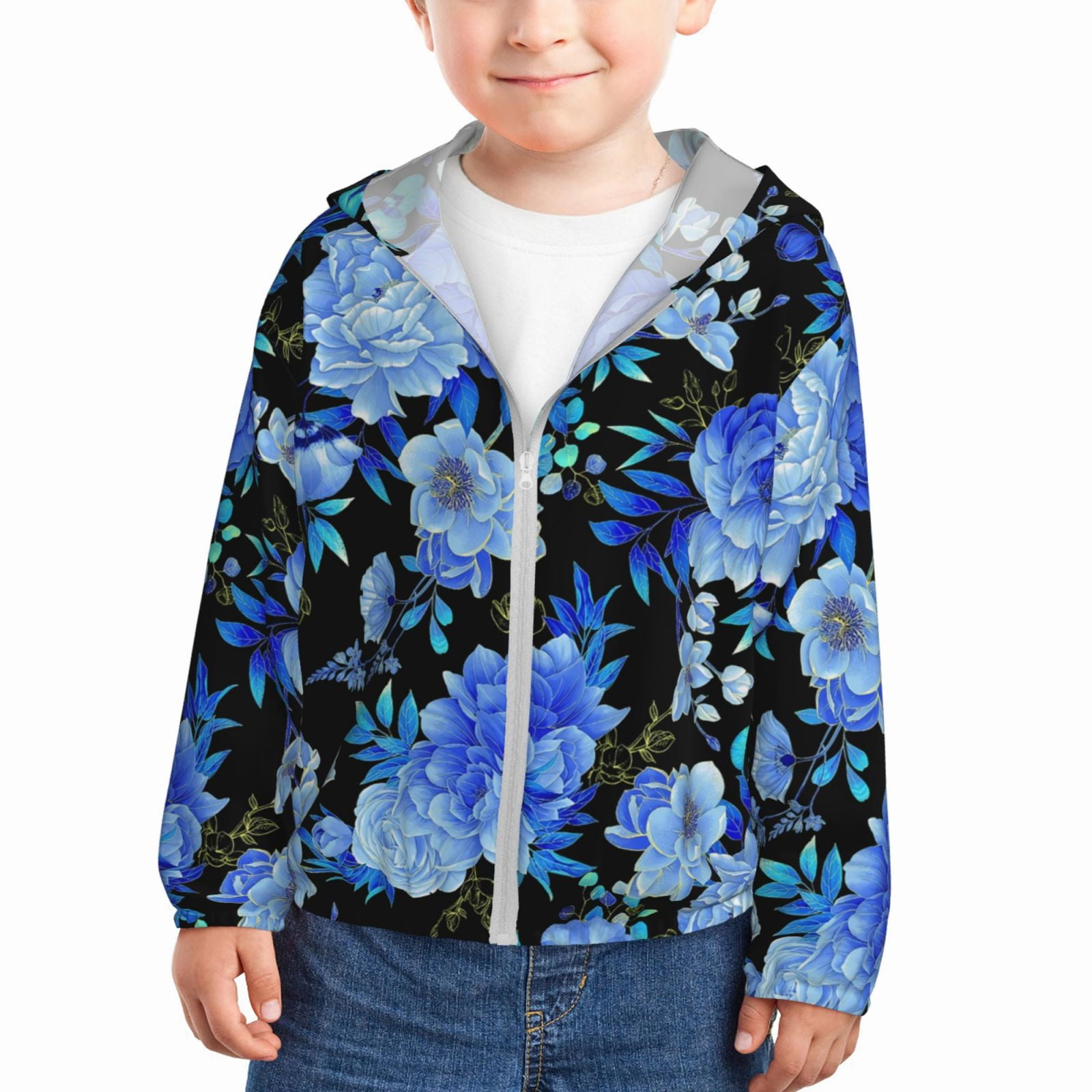 Kids Active Zipper Sun Protection Hoodie Jacket Boys Girls Hooded Blue Floral Flowers Cooling ...