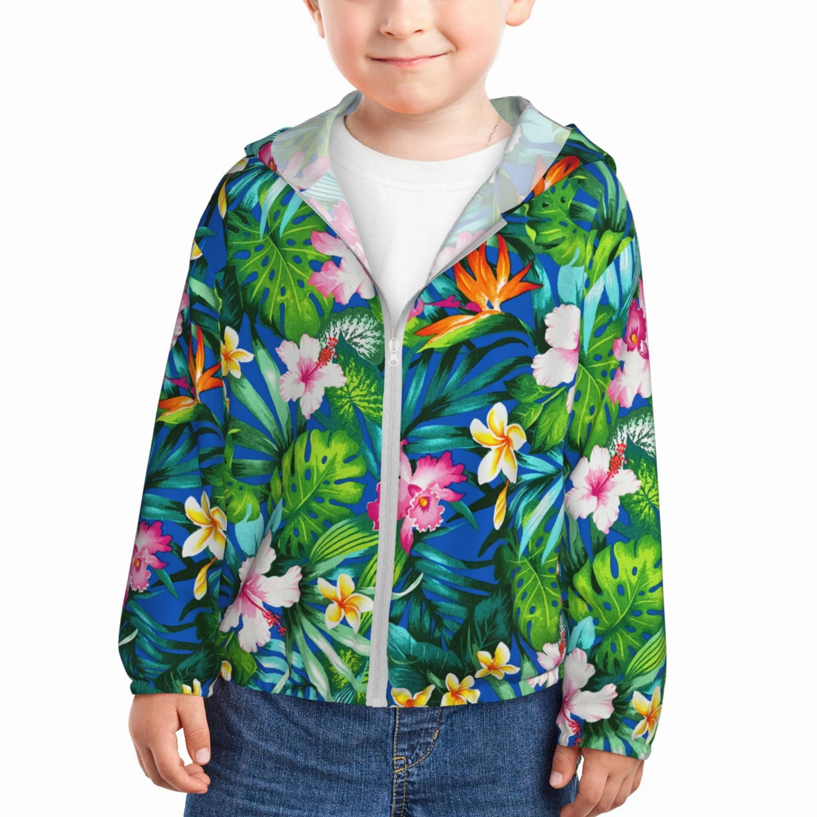 Kids Active Zipper Sun Protection Hoodie Jacket Boys Girls Hooded Elegant Bright Tropical Floral ...