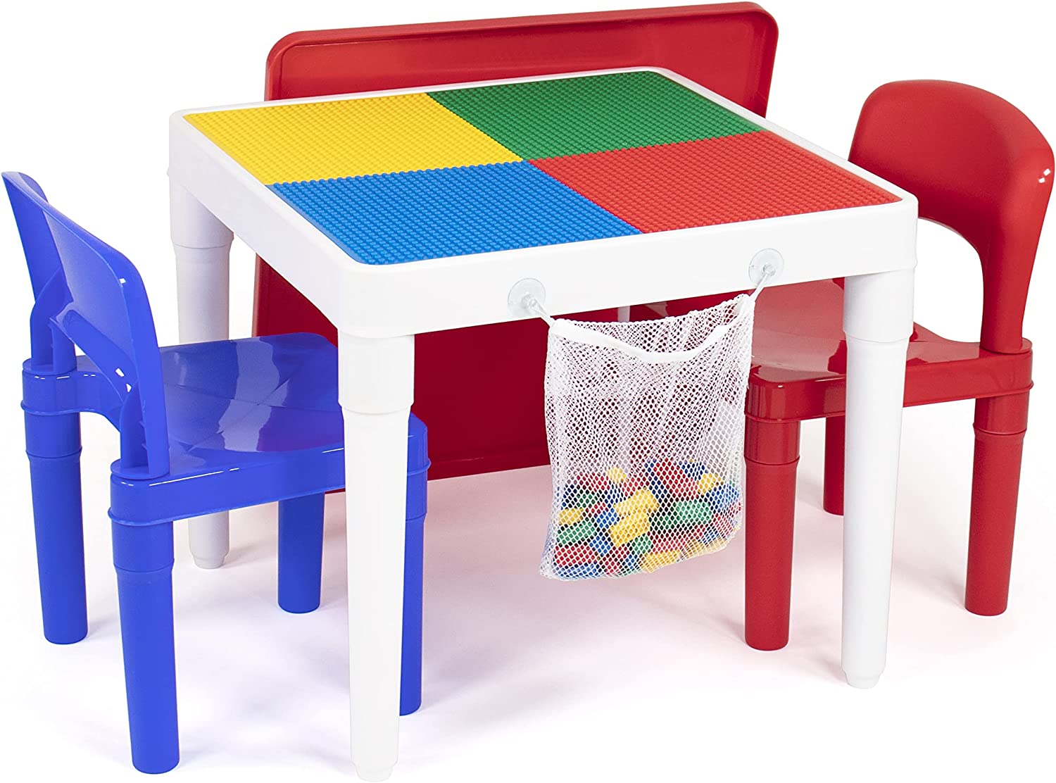 Kids Activity Table and 2 Chairs Set, White/Blue/Red - 2-in-1 Toddler ...