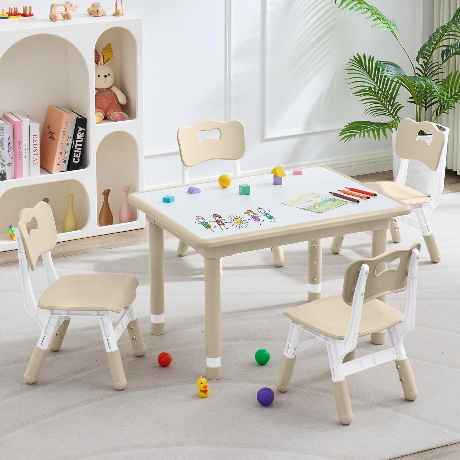 Kids Table and 4 Chairs Set, Height Adjustable (17.7"-26.1") Toddler Table and Chair Set, Multi ...