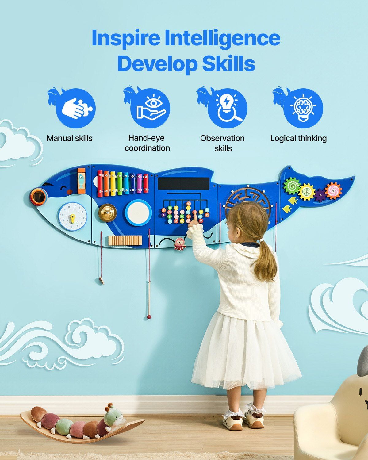 Kids Activity Wall Panel - Orca Busy Board with 12 Sensory Learning ...
