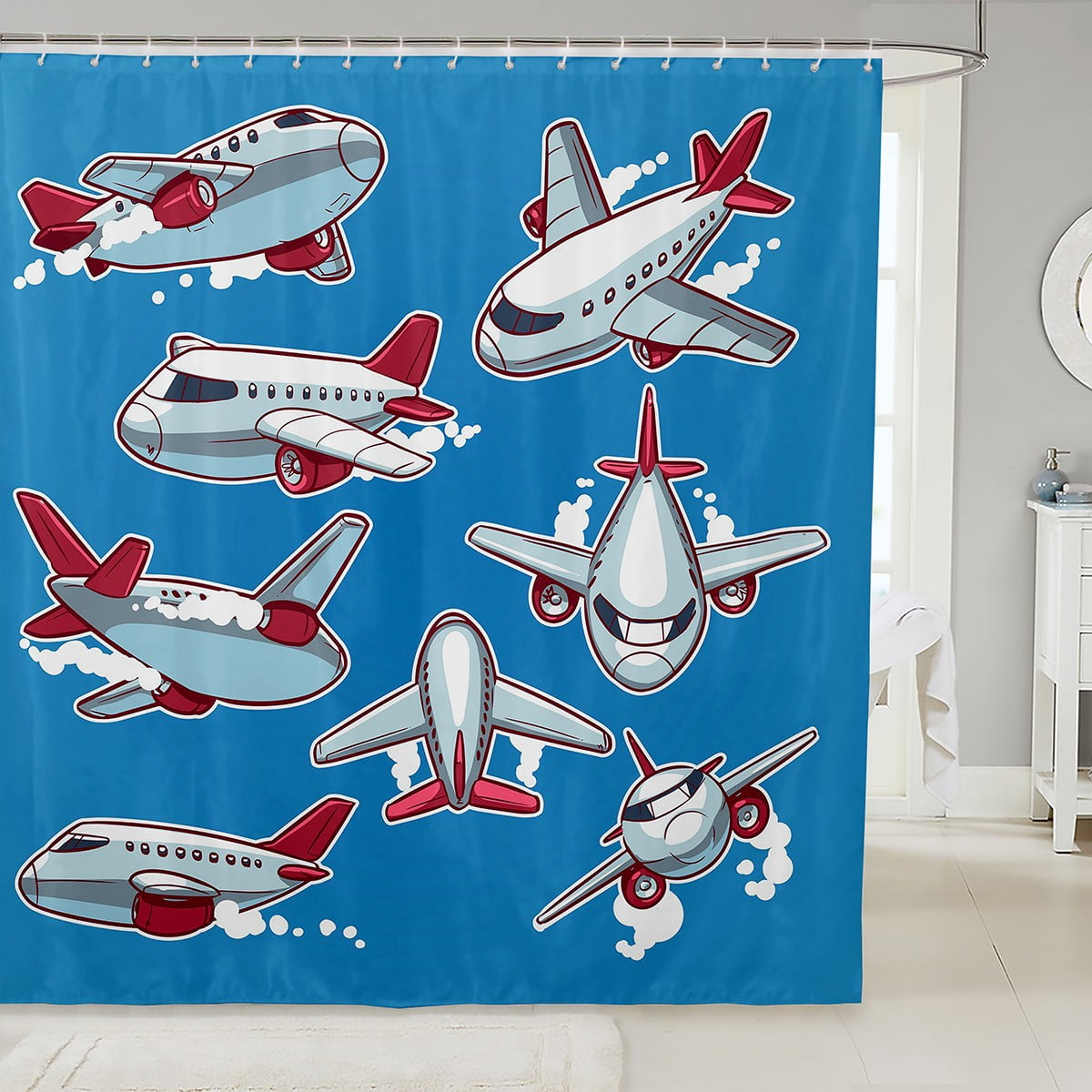 Kids Aircraft Bathroom Shower Curtain Sets Boys Cartoon Airplane Print ...