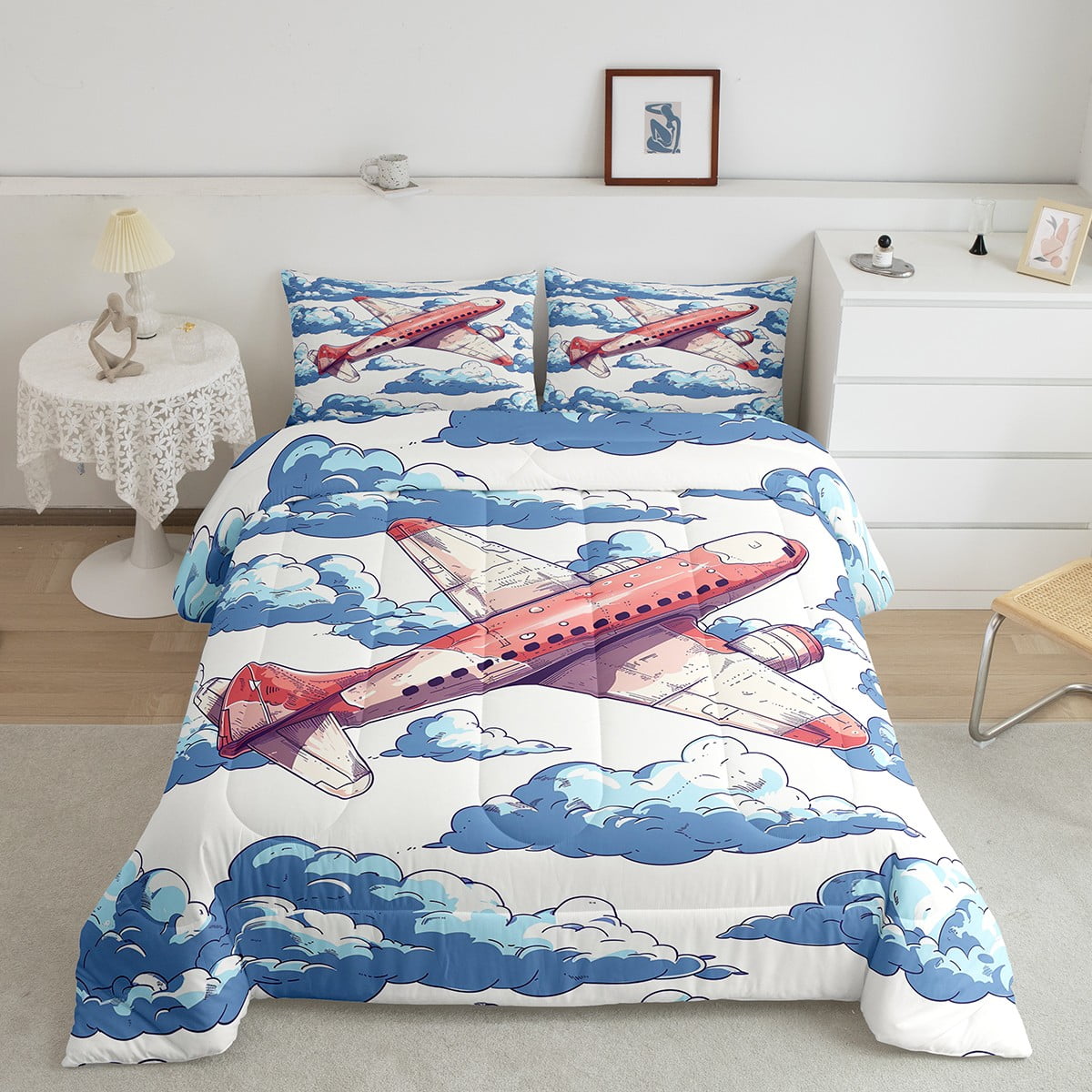Aircraft Comforter Set Twin Size Cartoon Airplane Print Bedding,White ...