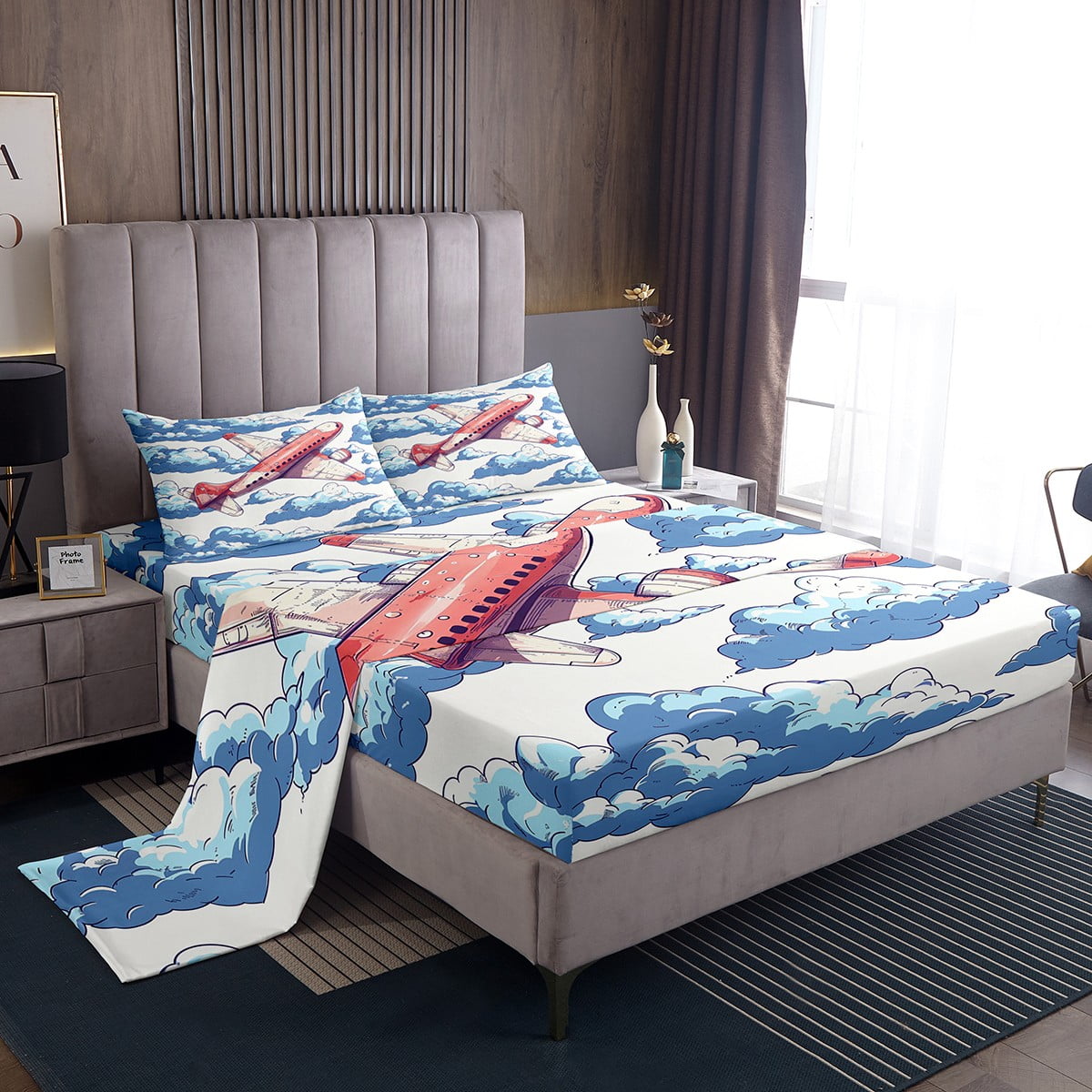 Aircraft Sheet Set Twin Size Cartoon Airplane Print Bed Sheets Set,White Blue Clouds Aviation ...