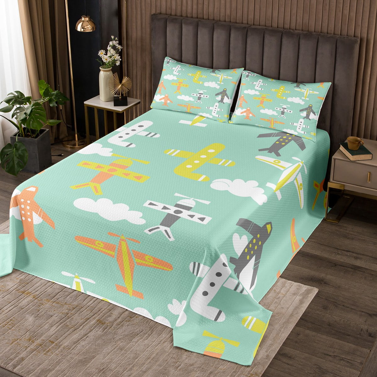 Kids Airplane Bedspread Set Twin Size,Cartoon Aircrafts Print Coverlet ...
