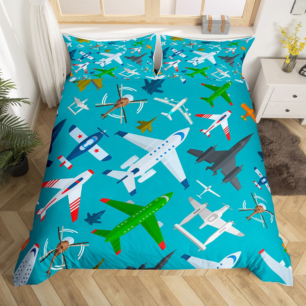 Airplane Comforter Cover Queen Size Colorful Cartoon Aircrafts Bedding ...