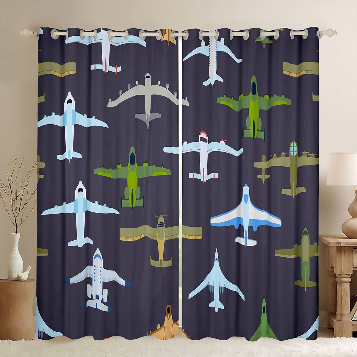 Kids Airplane Curtains 42"x84" Set of 2 Panels,Aircraft Print Window ...