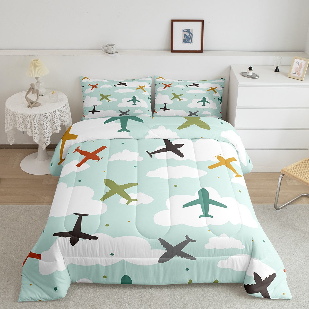 Airplane King Size Comforter Set ,Cute Cartoon Aircrafts Print Bedding Colorful Flying Planes ...