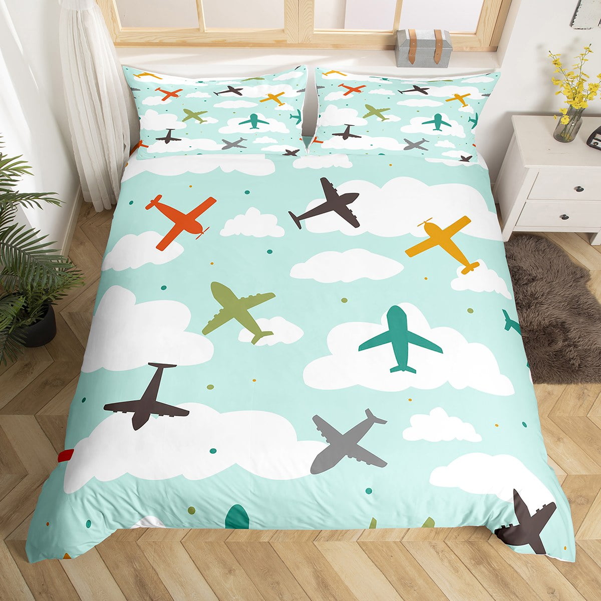 Airplane Queen Size Comforter Cover,Cute Cartoon Aircrafts Print ...