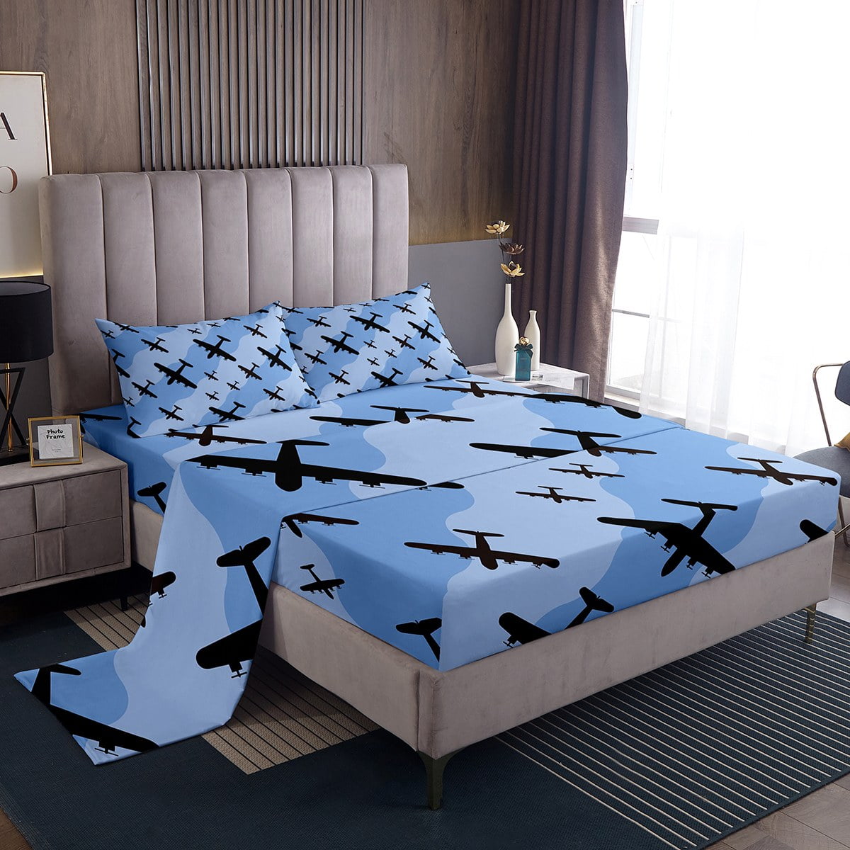 Kids Airplane Sheet Set King Size Aircrafts Silhouette Sheets Old ...