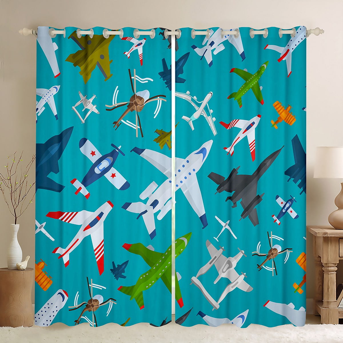 Kids Airplane Window Curtains & Drapes 38"x45" Set of 2 Panels Colorful ...