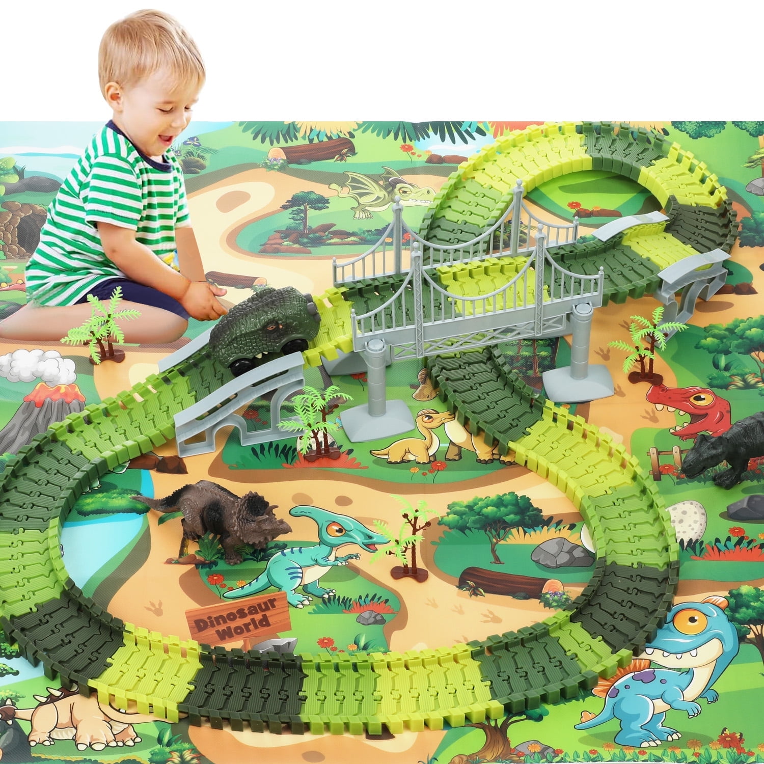 Petbank 192 Pcs Dinosaur Race Car Track Toys for Kids, Flexible Dino ...