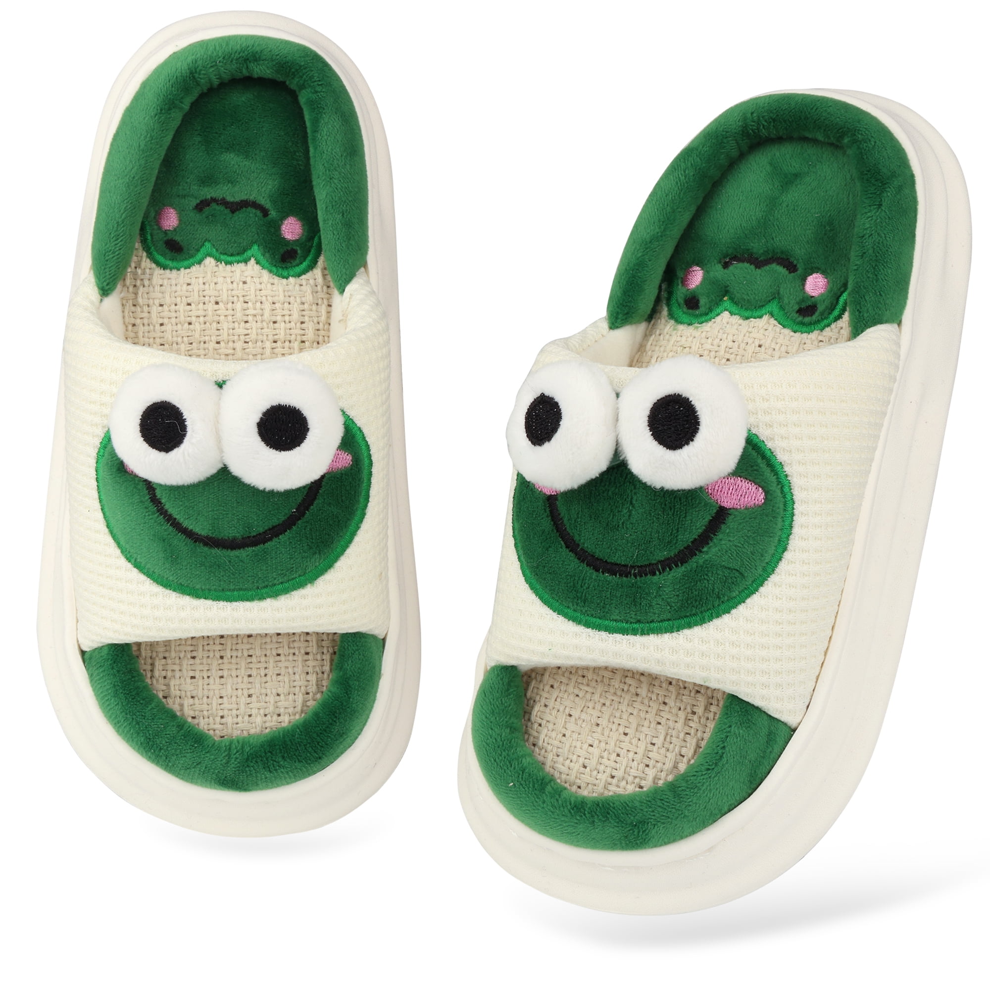 Kids Animal House Slippers Boys Girls Open Toe Memory Foam Cute Linen ...