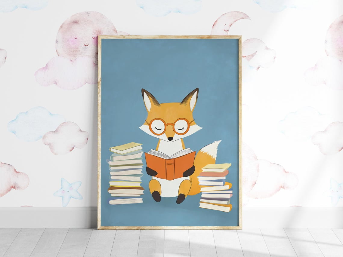 Kids Animal Reading Book Art, Pastel Study Room Print, Classroom ...