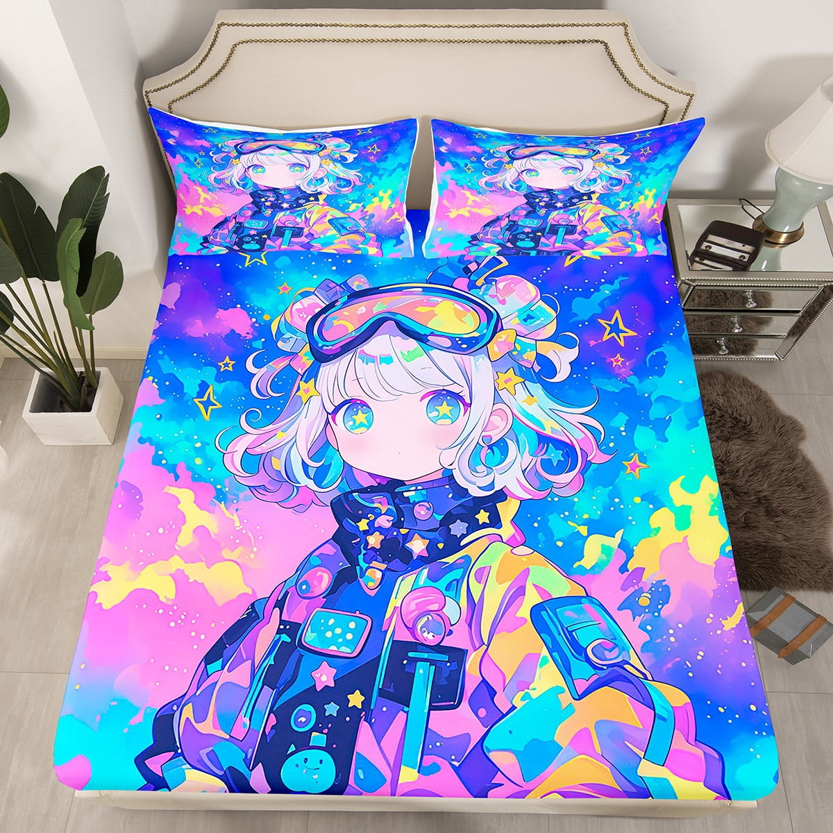 Kids Anime Girl Bedding Set Colorful Cartoon Anime Bed Sheets, Pink ...
